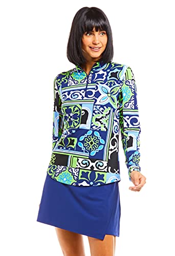 IBKUL Women’s Sun Protective UPF50+ Icefil tech Jacklin Print Long Sleeve Mock Neck – 10859 Charcoal/Yellow Jacklin XL