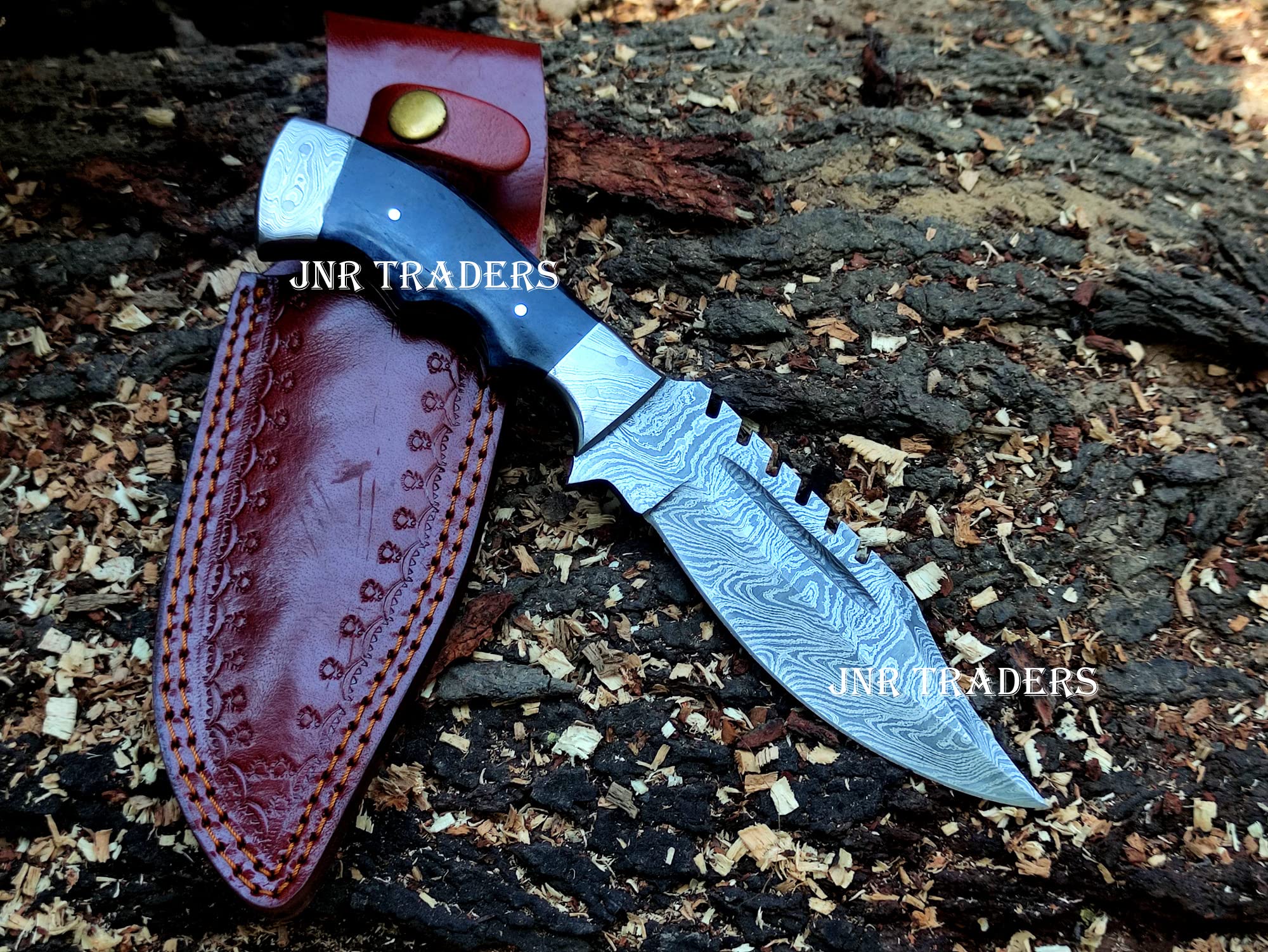 Handmade Damascus Hunting Knife with Sheath Full Tang Fixed Blade Skinning knife With Holster Buffalo Horn Handle 9.00" JNR-4160