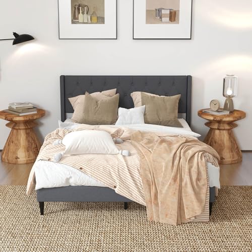 GORELAX Upholstered Queen Bed Frame, Mattress Foundation w/Button Tufted Headboard, Wood Slat Support No Box Spring Needed, Easy Assembly, Low Platform Bed Frame (Grey, Queen)