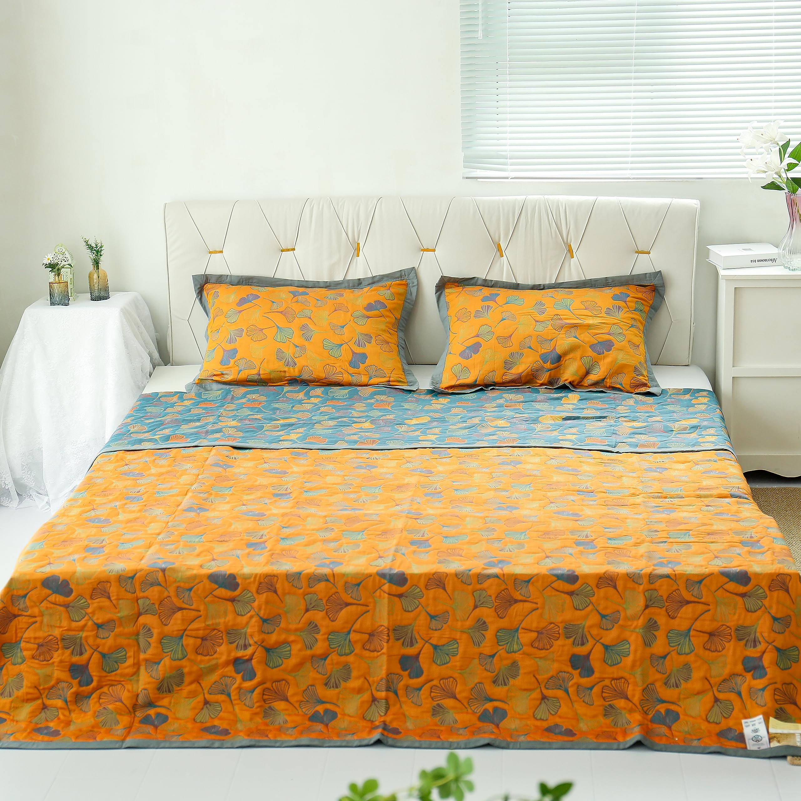 GinkgoLeaf Pattern Cotton Reversible Quilt Sets 3 Piece,Breathable Reversible Quilt Ginkgo Leaves Embroidered,king sizeginkgo quilt ,Lightweight and Breathable Ginkgo Leaf Pattern Rustic Comforter