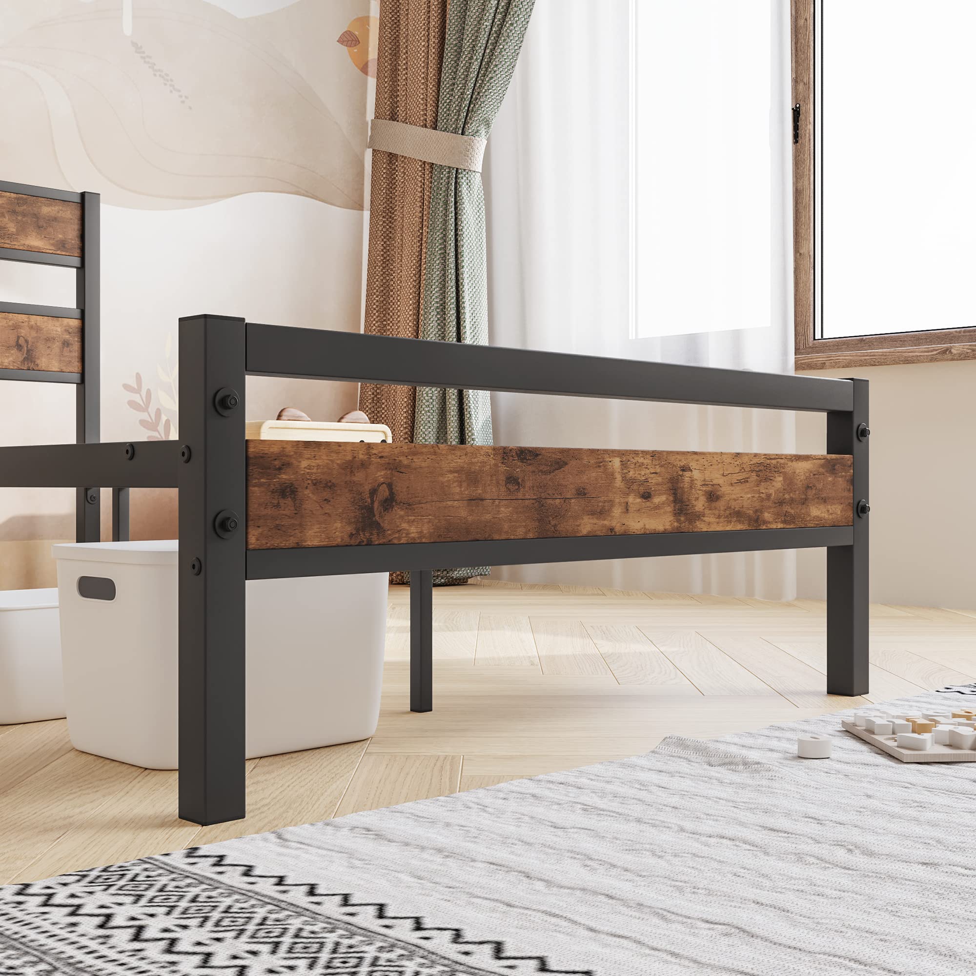 HOJINLINERO Queen Bed Frame with Wood Headboard,Platform Bed Frame Queen Size No Box Spring Needed,Heavy Duty Steel Slats, More Sturdy, Noise-Free,Easy Assembly/Rustic Brown