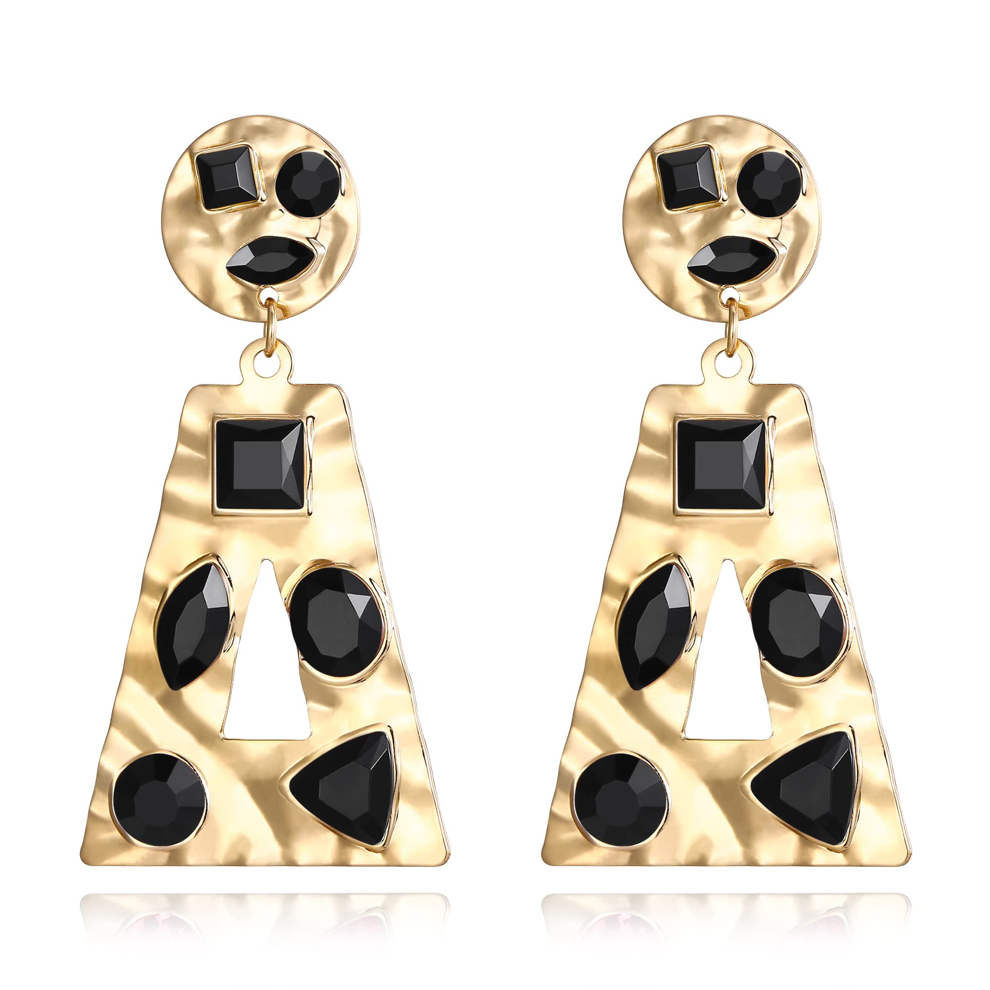 Mayfox Crystal Geometric Drop Dangle Earring for Women, Sparkly Rhinestones Vintage Rectangle Statement Earrings for Party Black Gold Tone