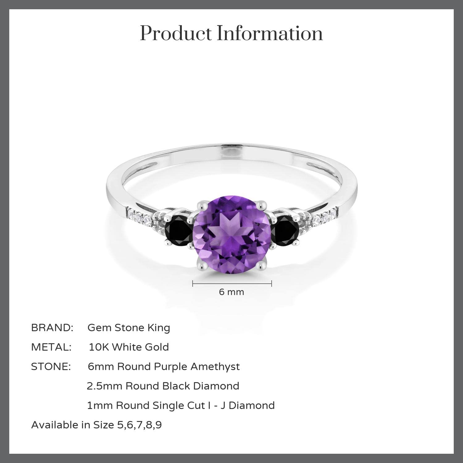 Gem Stone King 10K White Gold Purple Amethyst Black Diamond and White Diamond Accent 3-Stone Engagement Ring For Women (0.88 Cttw, Round 6MM, Gemstone February Birthstone, Size 7)