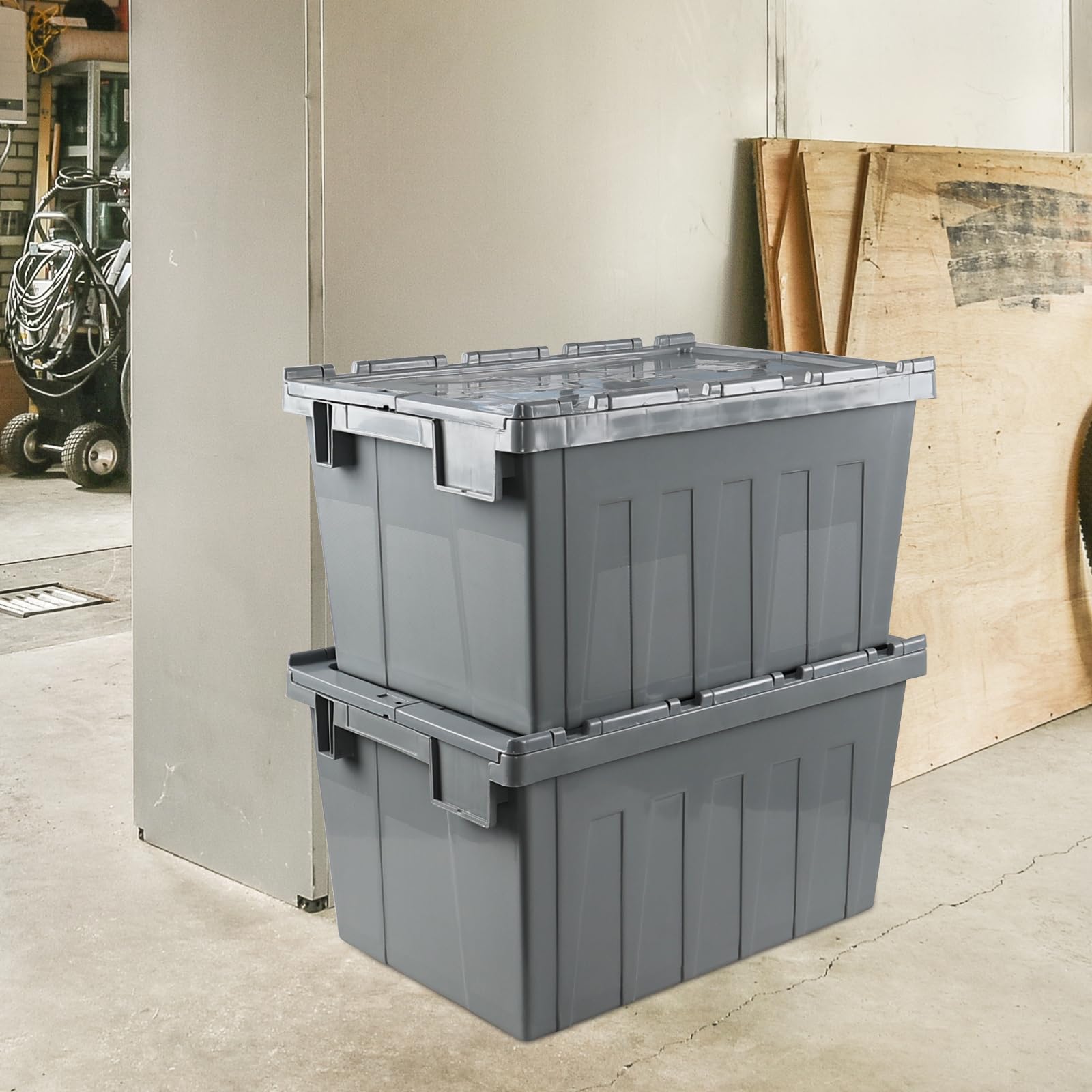 Oymlclivisa 15 Gallon Commercial Flip Top Tote Storage Container, Industrial Plastic Storage Totes, Gray, 4 Packs