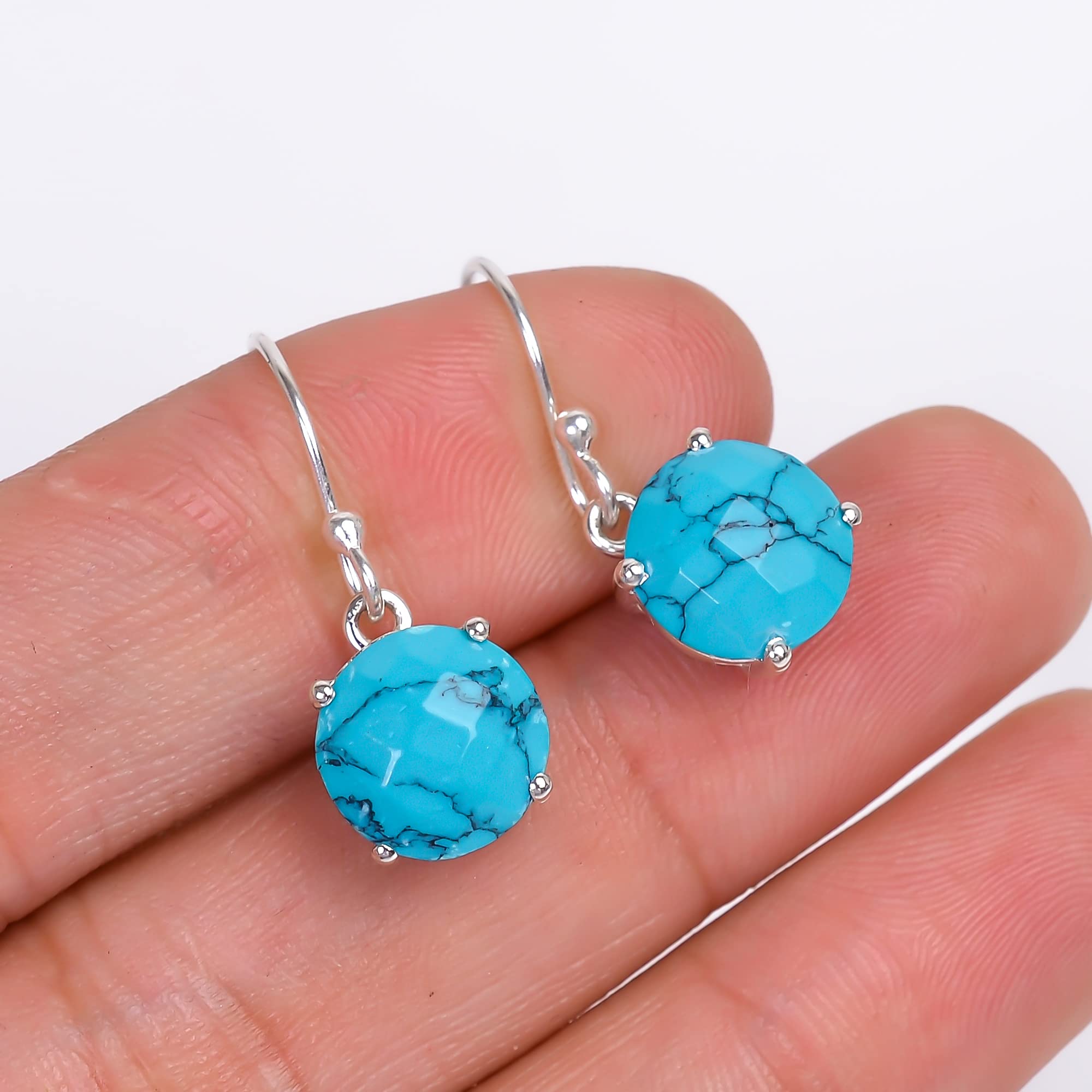 NMS Jewelry 925 Sterling Silver 10mm Round Gemstone Dangle Earrings for Women with hook (Round Earrings 10mm, Turquoise)