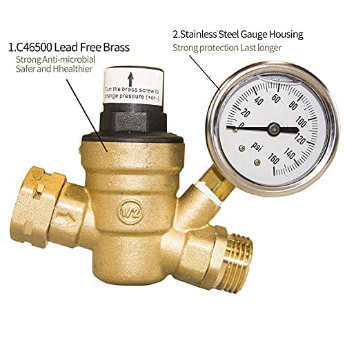 Hourleey Water Pressure Regulator Valve, RV Brass with Gauge and Inlet Screened Filter for Camper Trailer