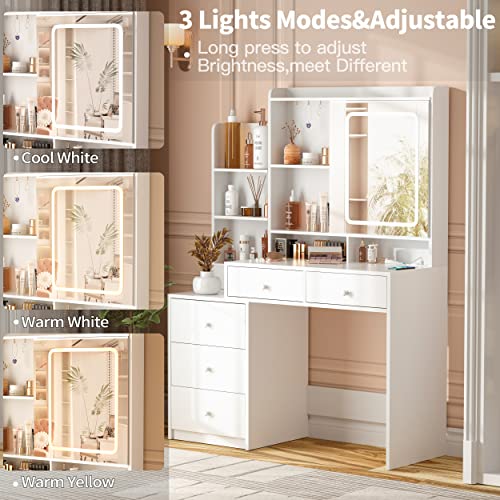 Vabches Vanity Desk with Mirror and Lights,Makeup Vanity with 6 Drawers and Shelves,Vanity Table with Power Outlet,Makeup Desk with Led Lighted Mirror in 3 Colors,for Bedroom,White