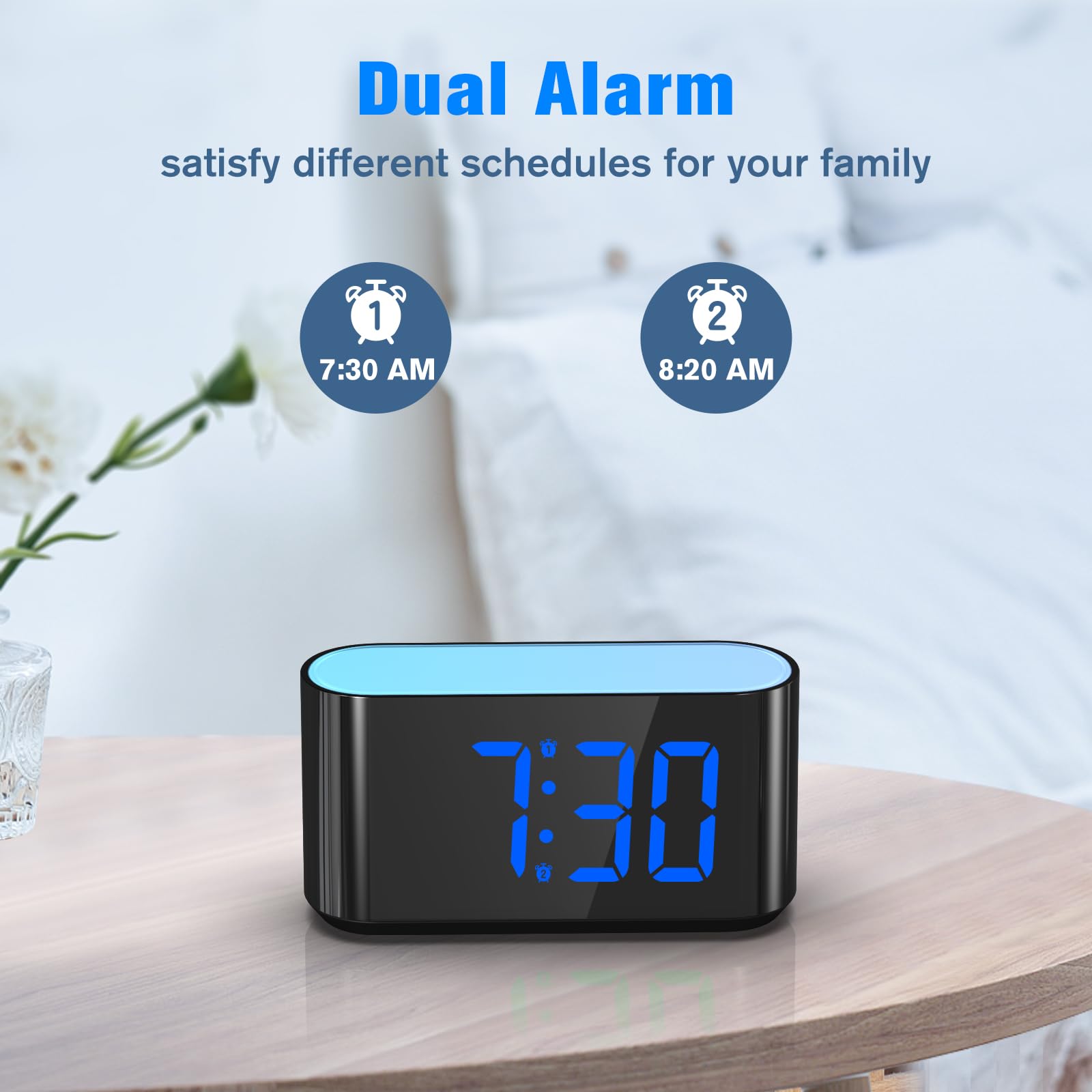 HOUSBAY Digital Alarm Clock for Bedrooms - Large Display Easy to Read Across The Room, 7 Larger Color Night Light, Dual Alarm, Dimmer, True Battery Backup, Adjustable Volume(Blue)