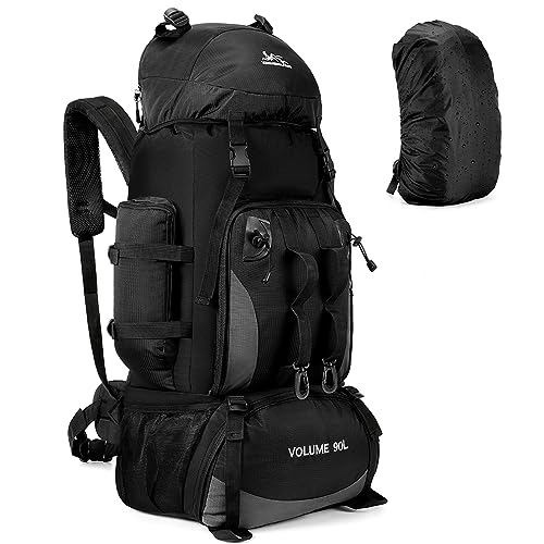 Unineovo 90L Large Capacity Outdoor Backpack for Women Men, Rainproof Camping Backpack with Rain Cover for Hiking, Camping and Traveling,Frameless (Black)