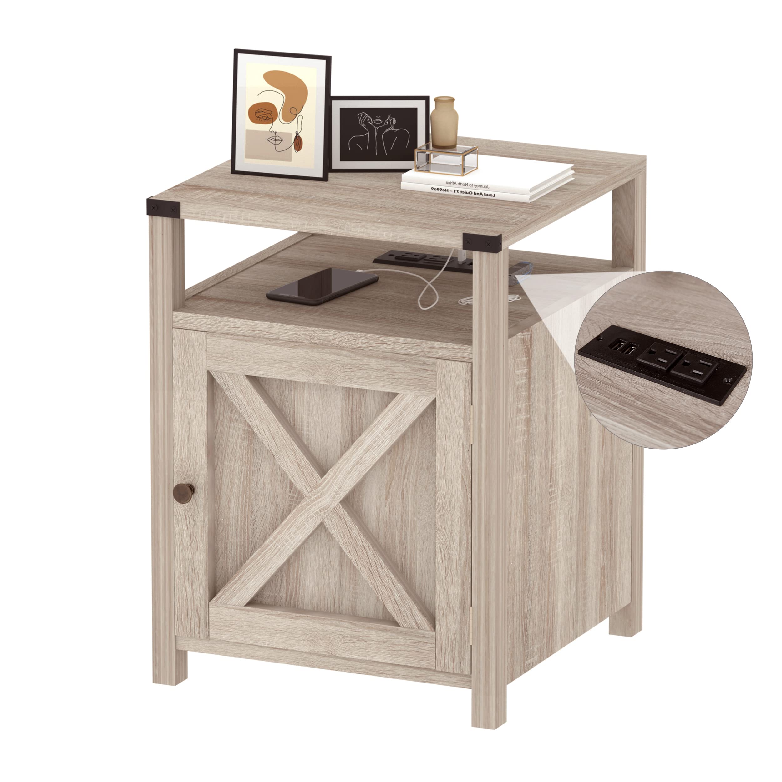 HOSEOKA Farmhouse Nightstand Rustic End Table Side Table with Cabinet and Shelf, Wood Night Stand for Bedroom, Gray, 17.7 in