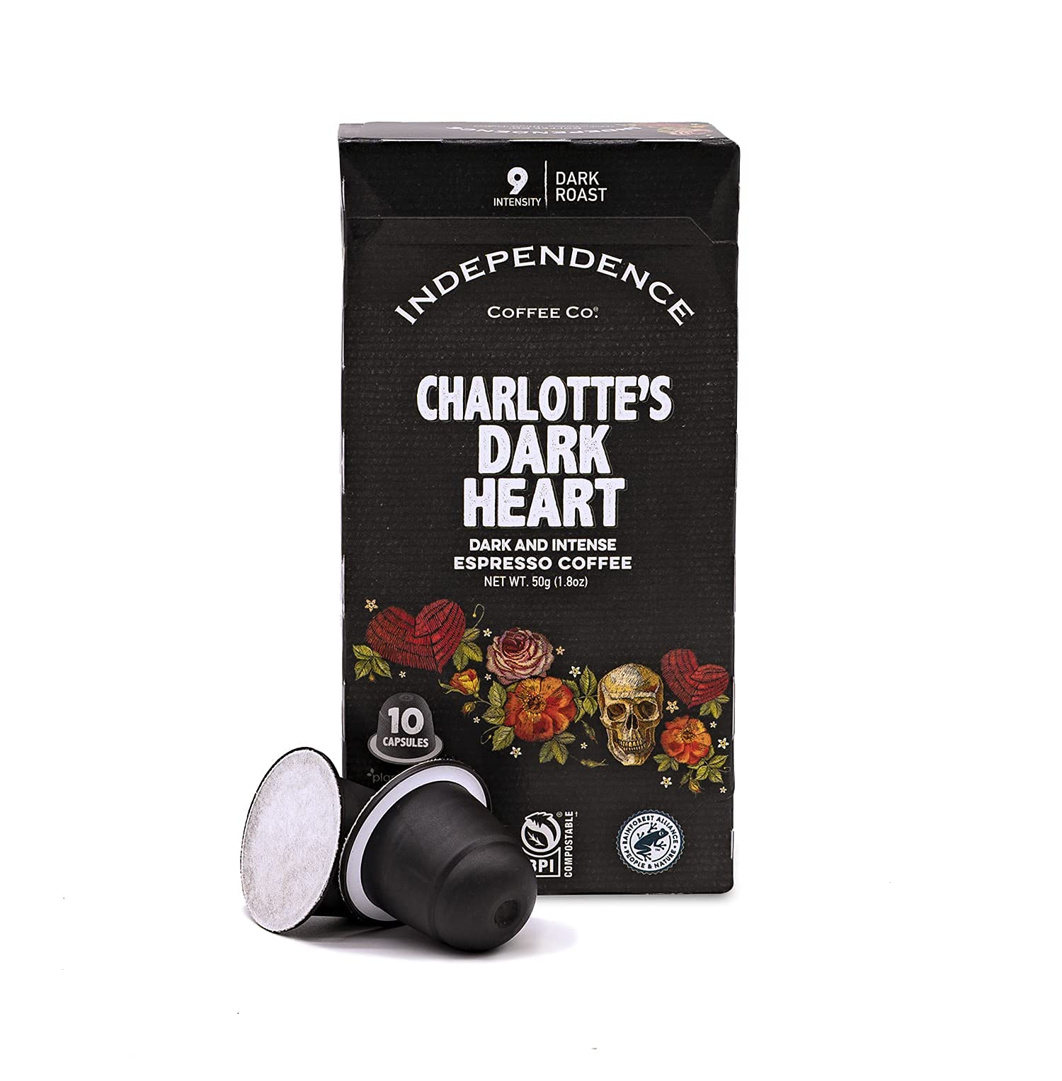 Independence Coffee Co. Nespresso Compatible Capsules, Compostable Plant Based Coffee Pods, Charlotte's Dark Heart, Dark and Intense Espresso Coffee, 10 Count (Pack of 6) - Compatible with Nespresso OriginalLine Espresso Makers