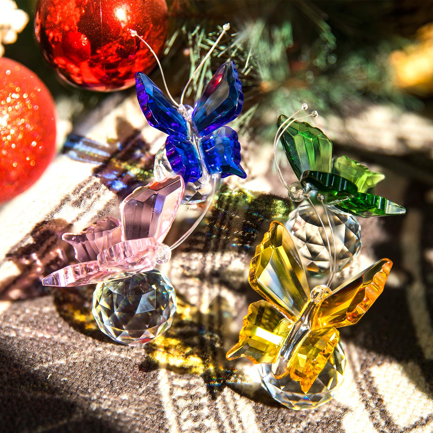 H&D HYALINE & DORA Crystal Flying Butterfly with Crystal Ball Base Figurine Collection Cut Glass Ornament Statue Animal Collectible Pack of 4