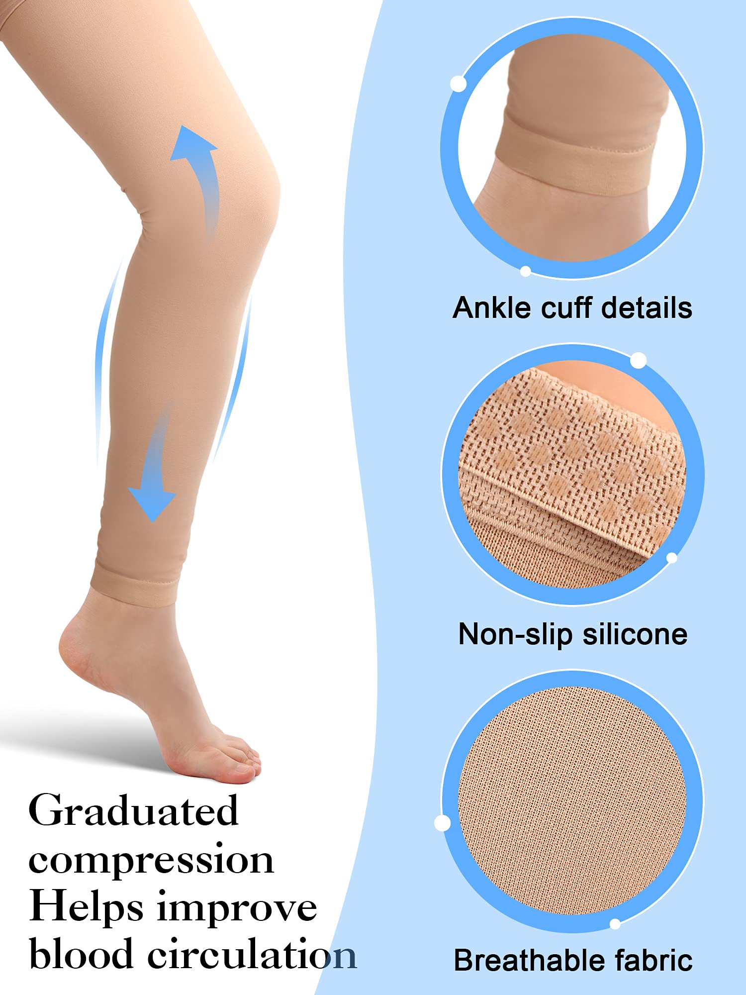 Honoson 2 Pairs Thigh High Compression Stockings Footless 20-30 mmHg Compression Stockings with Silicone Dot Band for Unisex (Beige,Large)