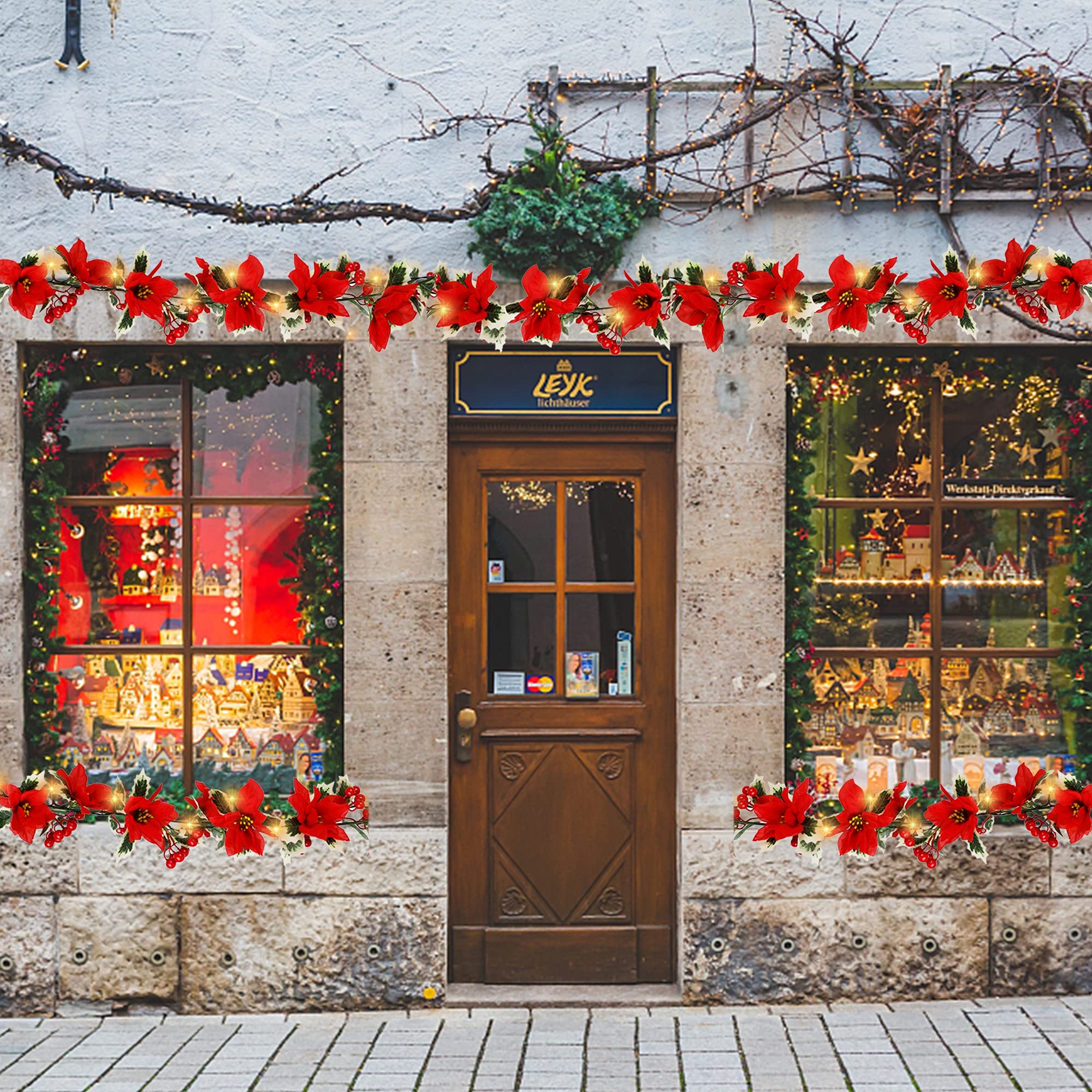 Happy Trees 6 Ft Christmas Garland Lighted Decorations, Artificial Flowers Red Berries Holly Leaves Garlands with Timer, Xmas Ornaments for Indoor Mantle Fireplace Home Decor