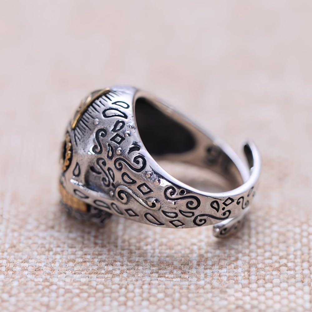 Gothic 925 Sterling Silver Freemason Masonic Skull Ring Golden All Seeing Eye for Men Women Open and Adjustable