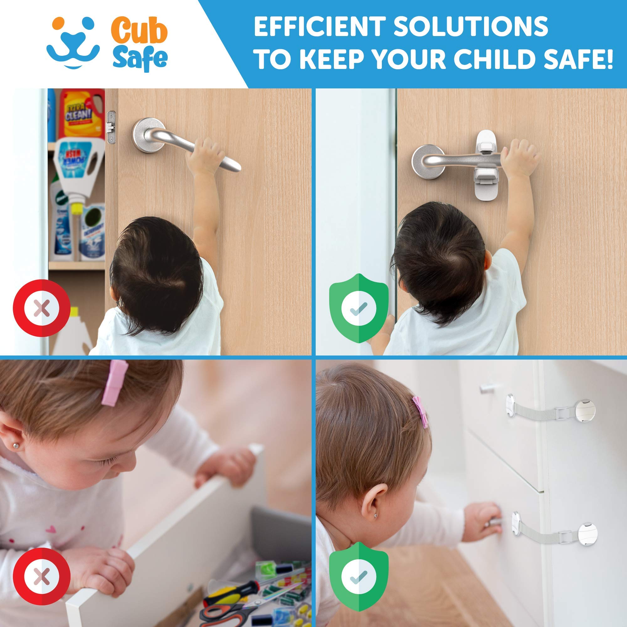 Improved Childproof Door Lever Lock (4 Pcs) and Multipurpose Safety Straps (4 Pcs) with Adjustable Strap and 3M Adhesive. Toddler Proofing. No Tools Required.