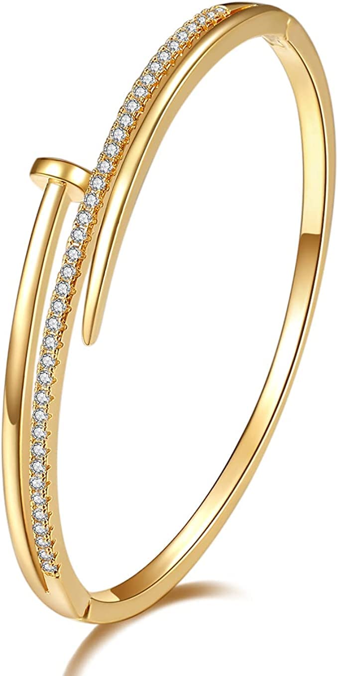 MAELLIS Women's Bangle Bracelet with 18K Gold Plated Bangles, Cut Cubic Zirconia Nail Bracelet