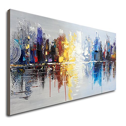 Hand Painted Modern Cityscape Textured Oil Painting on Canvas Reflection Abstract City Wall Art Decor