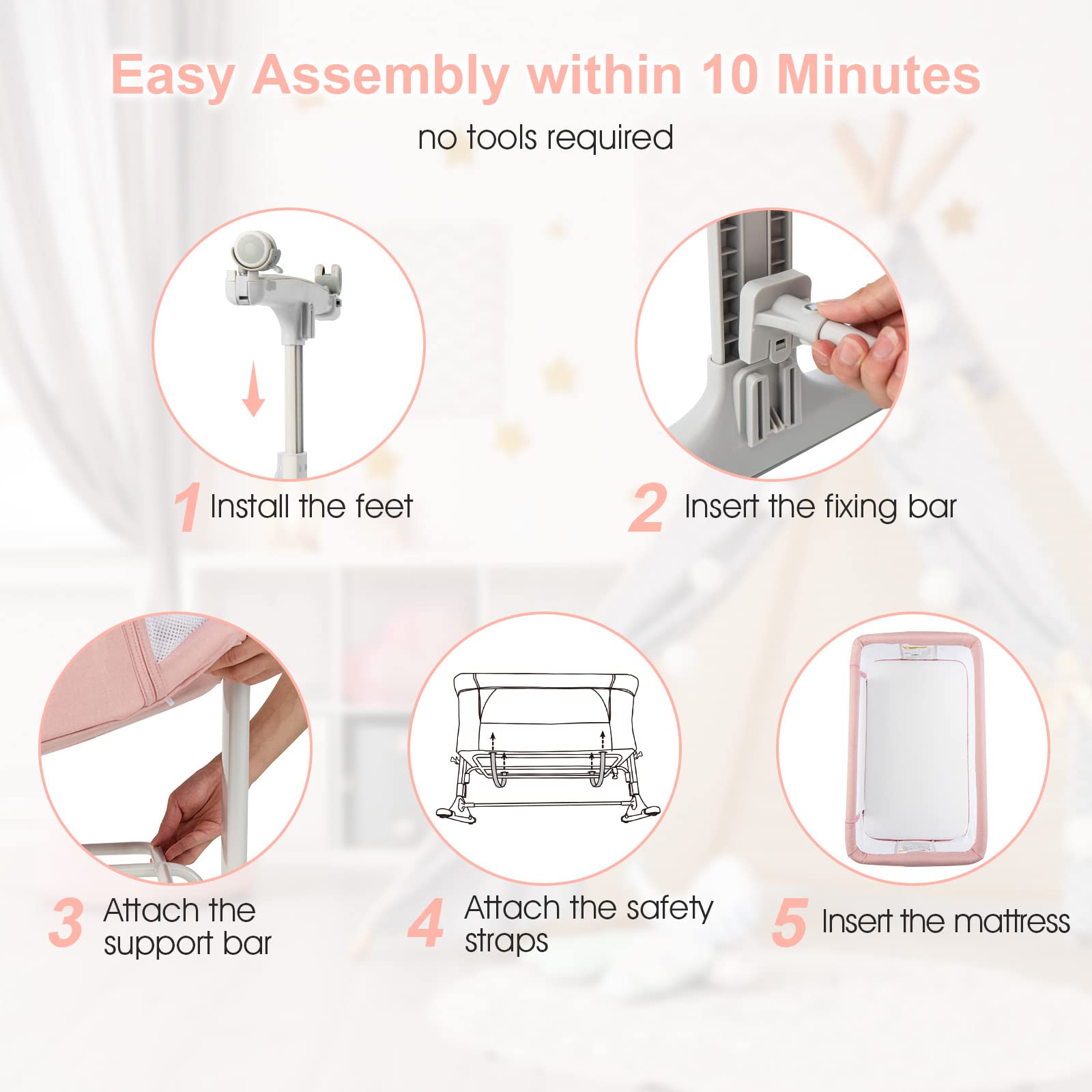INFANS 3 in 1 Baby Bassinet, Bedside Sleeper for Newborn, Folding Crib with Mattress, Travel Bag, Wheels, 4-Sided Mesh, Easy to Assemble Cradle Co Sleeper Stationary, Rock (Pink)