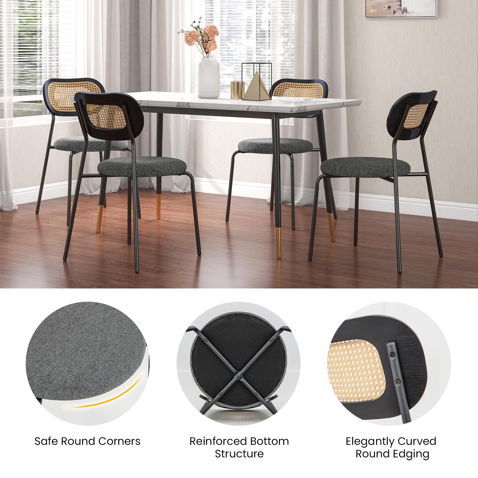 Giantex Rattan Dining Chairs Set of 2, Upholstered Kitchen Chairs with Metal Legs, Max Load 300 Lbs, PU Leather Dining Side Chairs with Round Padded Seat, Modern Dinner Chair for Dining Room, Brown