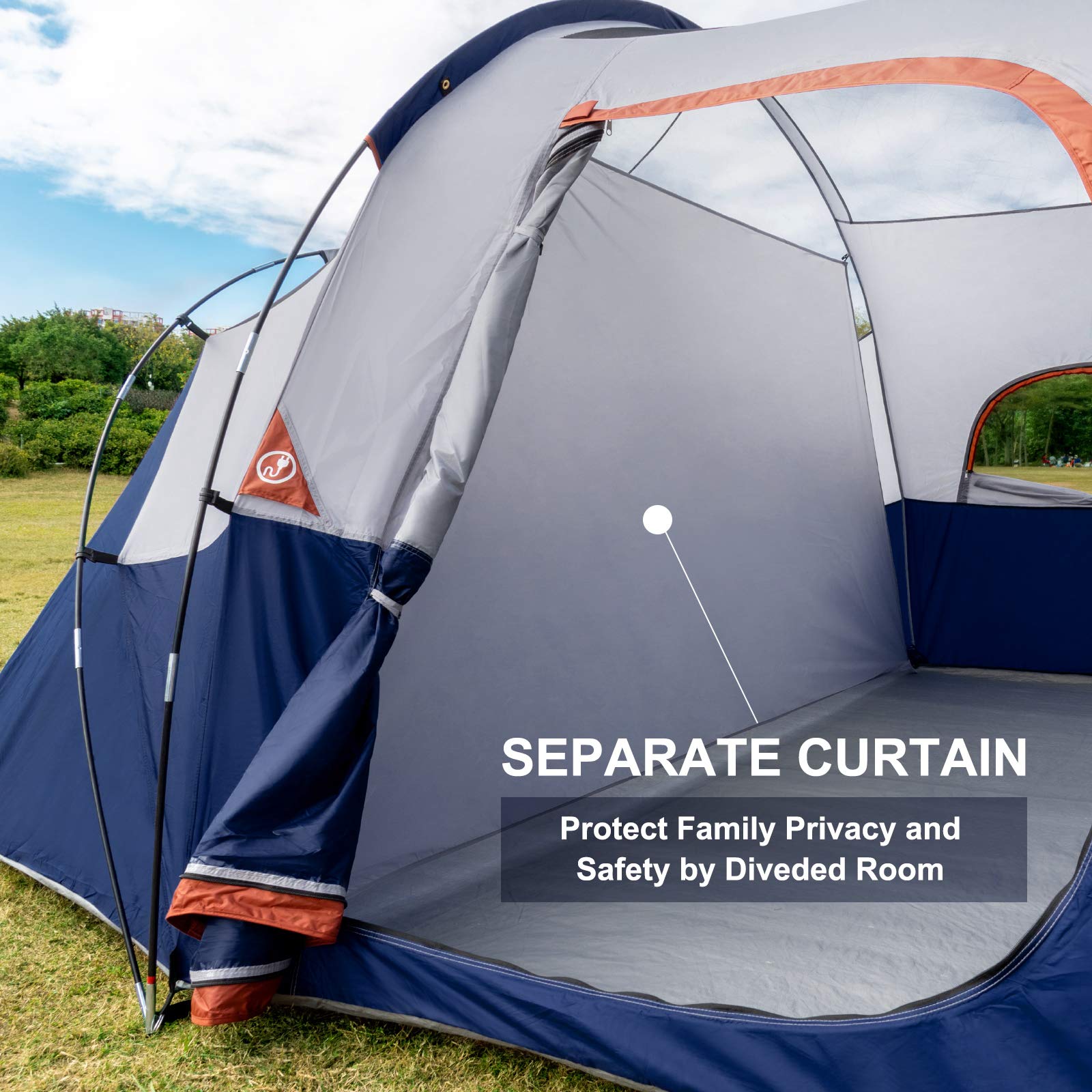HIKERGARDEN 10 Person Tent for Camping Waterproof, Family Tent, Windproof Fabric, Easy Setup with Large Mesh for Ventilation, Double Layer and Divided Curtain