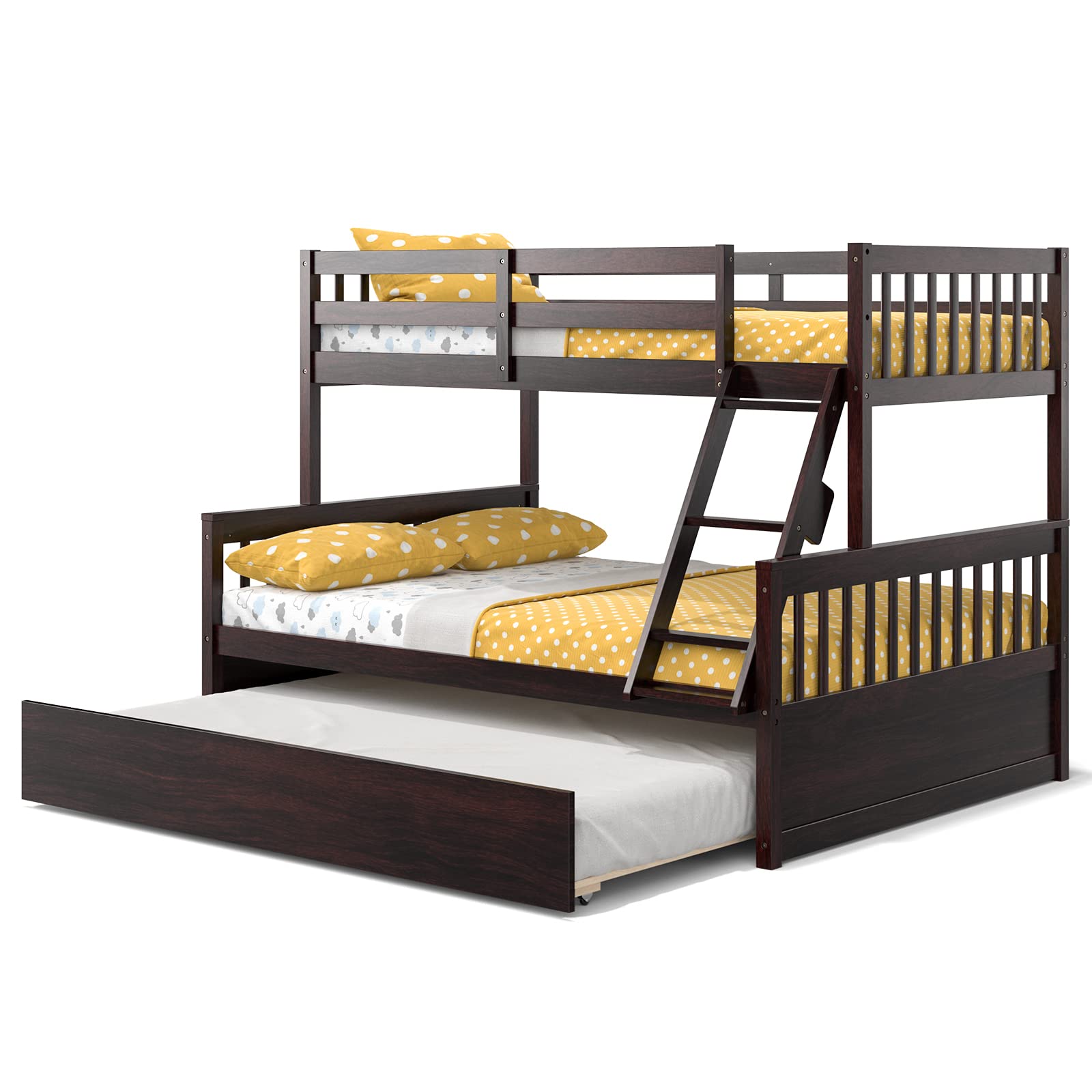 Giantex Twin Over Full Bunk Bed with Trundle, Solid Wood Bunk Bed with Ladder and Guardrails, Convertible to 2 Beds, Triple Bunk Beds for Kids Teens Adults, No Box Spring Needed, Espresso