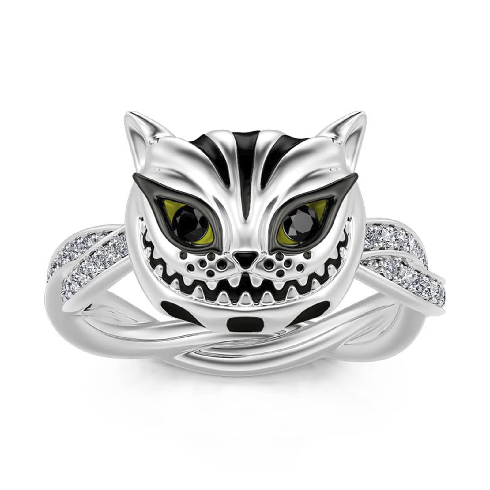 Jeulia Sterling Silver Cheshire Cat Rings for Women Enamel Rings Handmade Diamond White Fancy Black Cubic Zirconia Bridal Set Wedding Anniversary Engagement Promise with Jewelry Gift Box, silver,