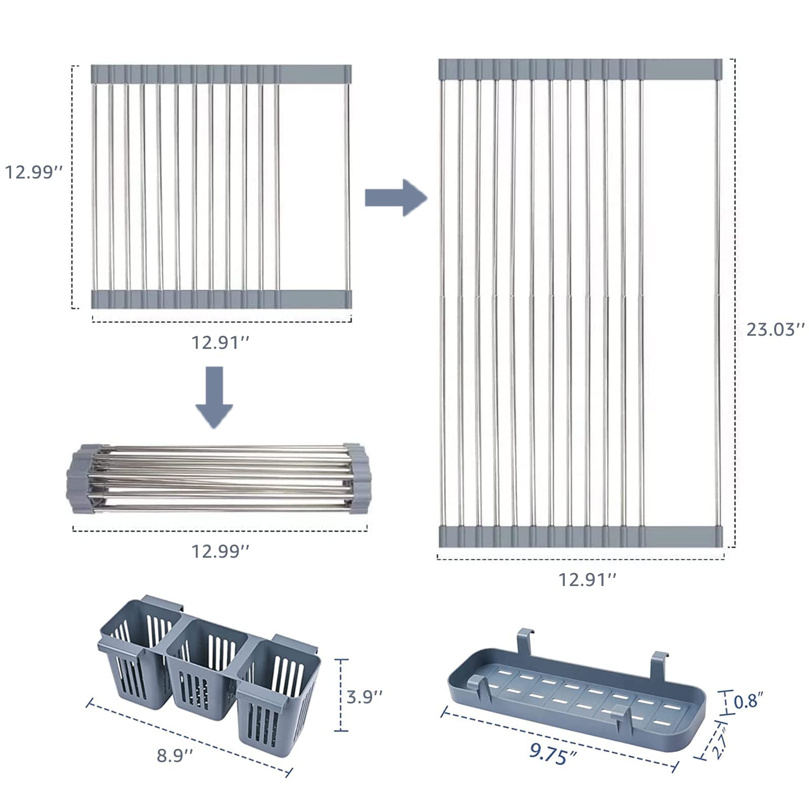 HFEDYZ Roll Up Dish Drying Rack Over The Sink，Collapsible Small Dish Drying Rack，Kitchen Sink Accessories, Expandable Dish Drying Rack with 2 Storage Baskets (Grey)