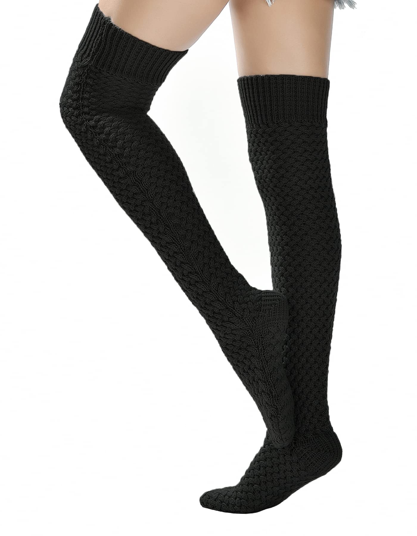 Leoparts Women's Knitted Thigh High Socks Crochet Over Knee Long Warm Thick Leg Warmers Boot Stockings Black-823 One Size