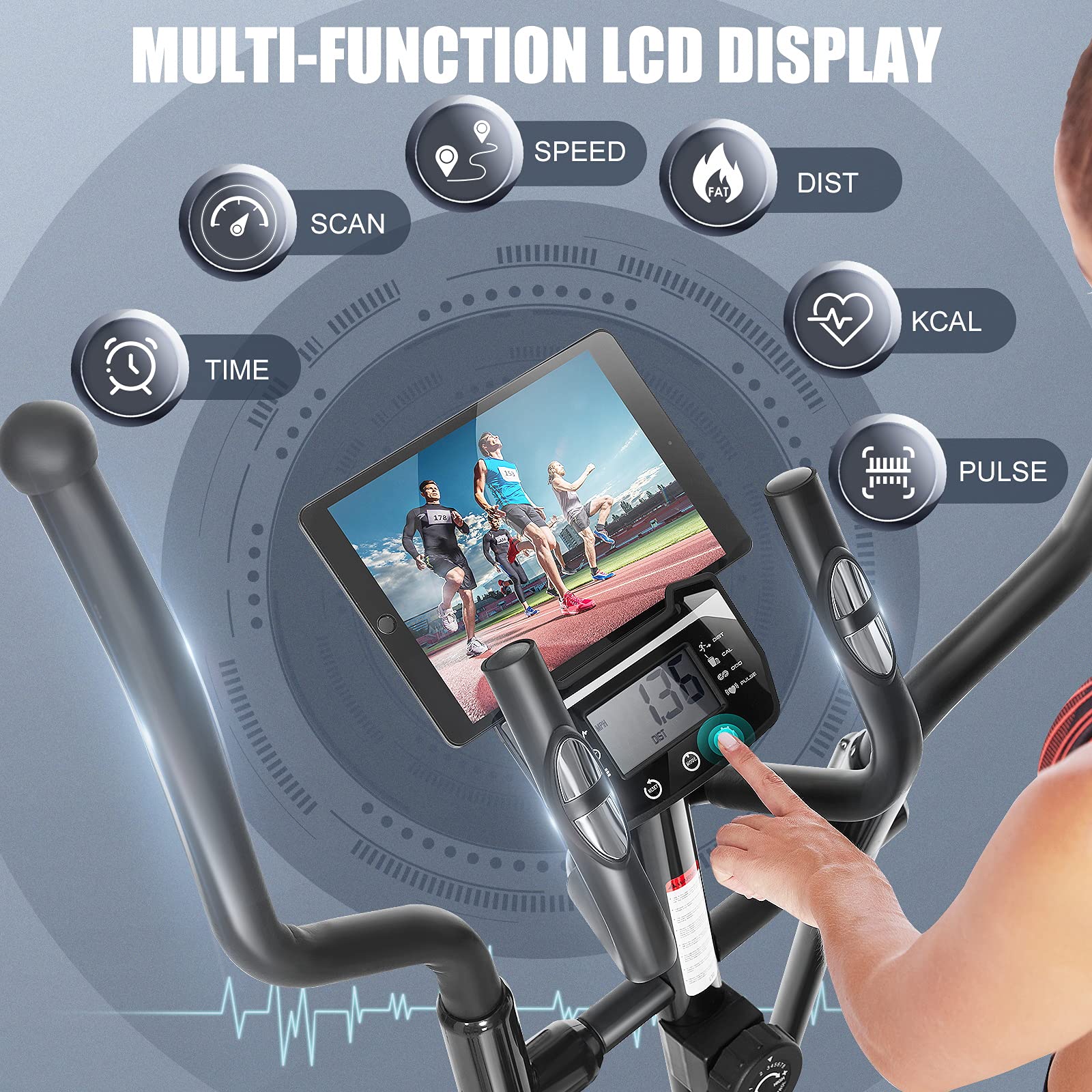 HIROLLOP Elliptical Machine with App，Elliptical Trainer with 10 Level of Magnetic Resistence，LCD Monitor and Heart Rate Sensor，390lbs Weight Capacity