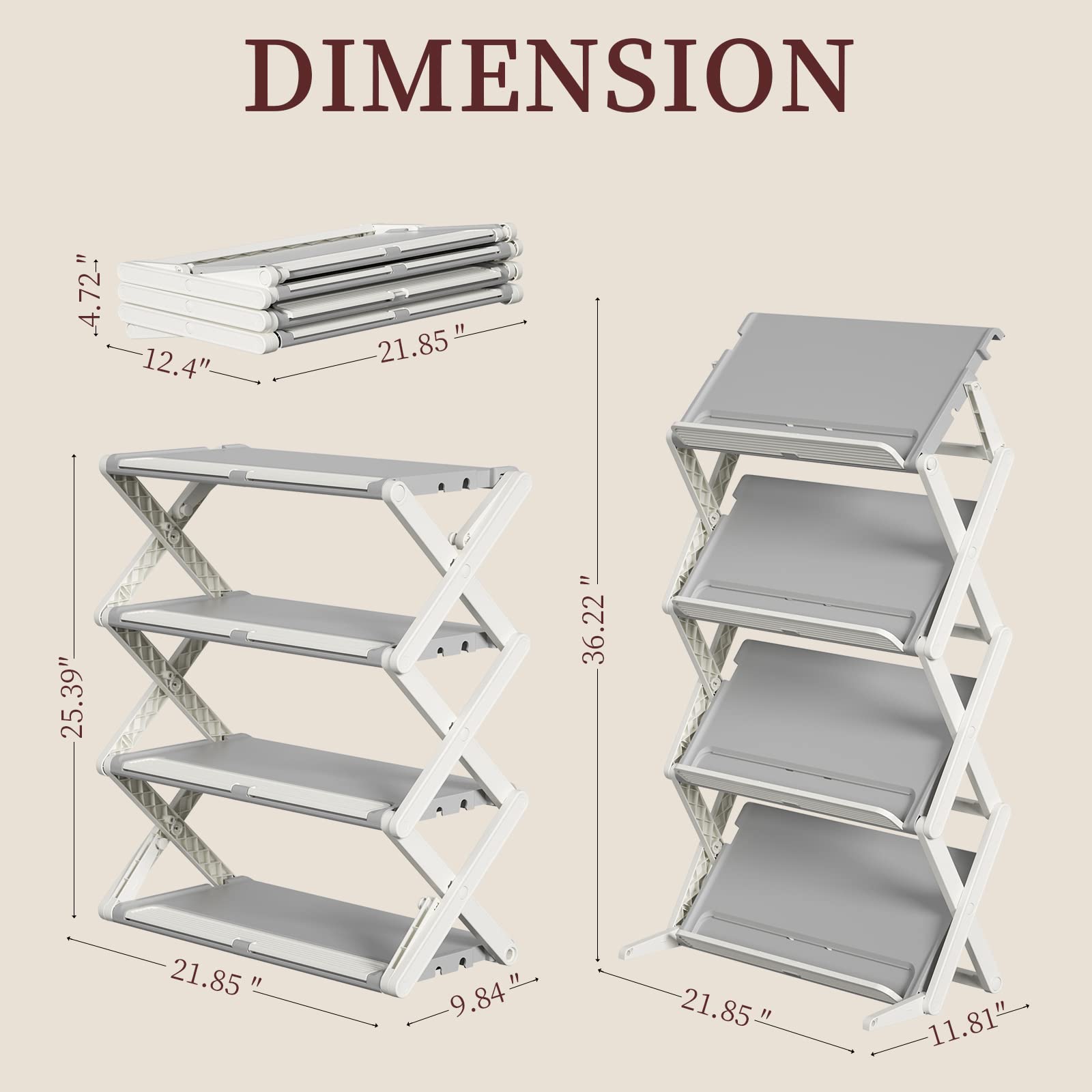 HAIXIN Shoe Rack for Closet, 4-Tier Shoe Shelf Space Saving, 8-12 Pairs Shoe and Boot Organizer, Multifunctional Storage Rack for Entryway, Door, Garage, Bedroom, Grey