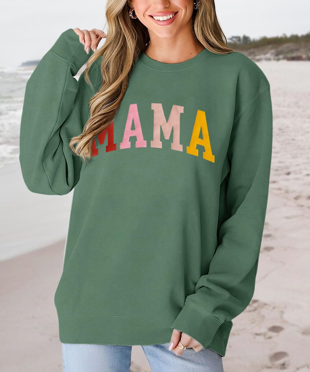 KEKEMI Mama Sweatshirt For Women Crewneck Mama Letter Print Pullover Tops Long Sleeve Mom Life Shirts Casual MAMA Graphic Top(Green-05,Small