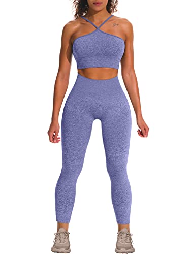 HYZ Women's Seamless Workout 2 Piece Outfits High Waist Legging Adjustable Strap Yoga Bra Sets Bluegrey