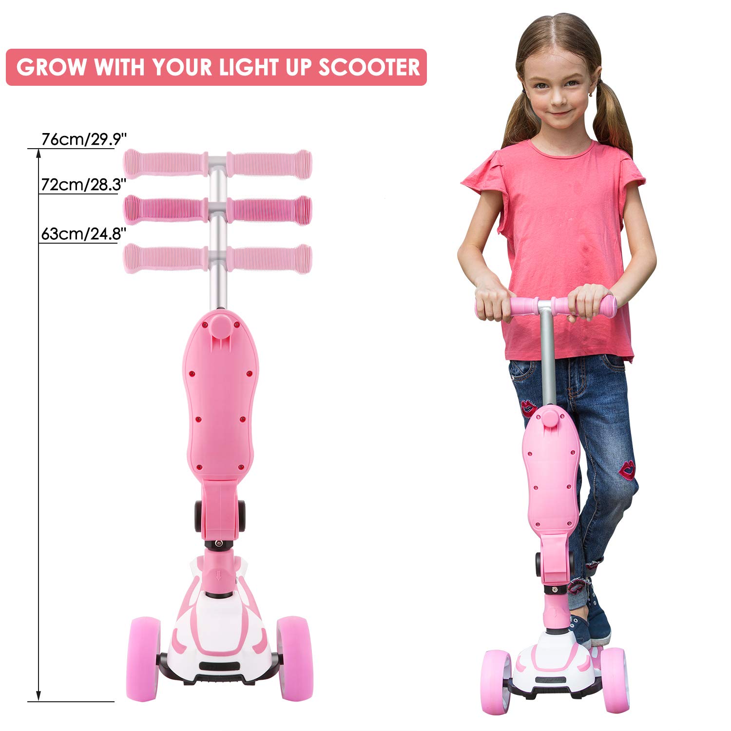 Hikole 3 Wheels Scooter for Kids with Foldable and Removable Seat – Adjustable Height, 3 LED Light Wheels, Kick Scooter for Girls & Boys 3-8 Years Old (Pink)