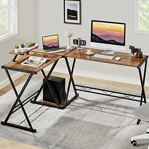 GreenForest L Shaped Computer Desk Large Size Reversible Corner Computer Desk 64 inch with Large Monitor Stand and CPU Stand, Home Office Study Writing Desk Workstation, Space Saving, Walnut