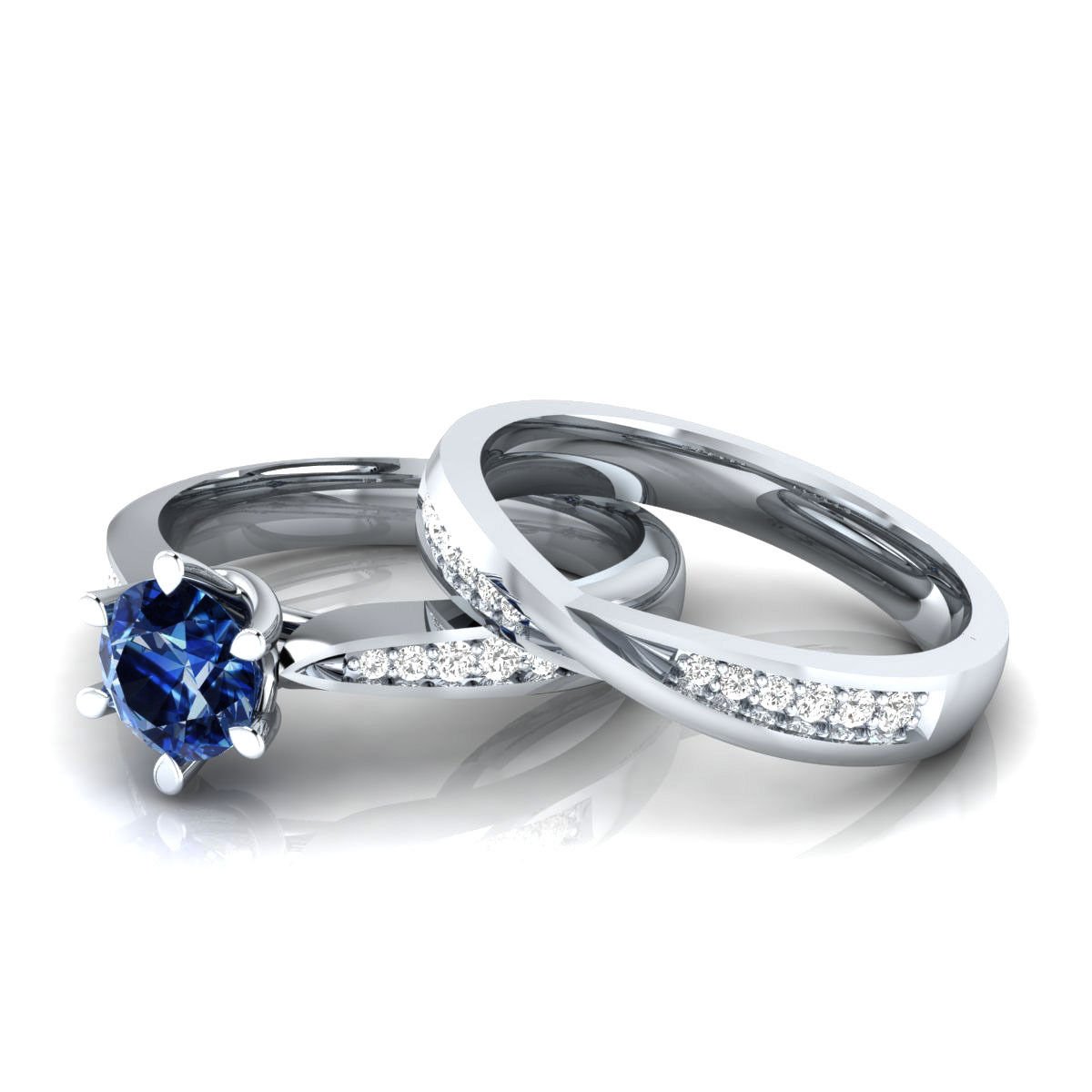 IdealJewel95 1.20ct Round Blue & White Sapphire Sterling Silver Bridal Ring Set Sizable For Women Wedding/Valentines / Engagement_6.5