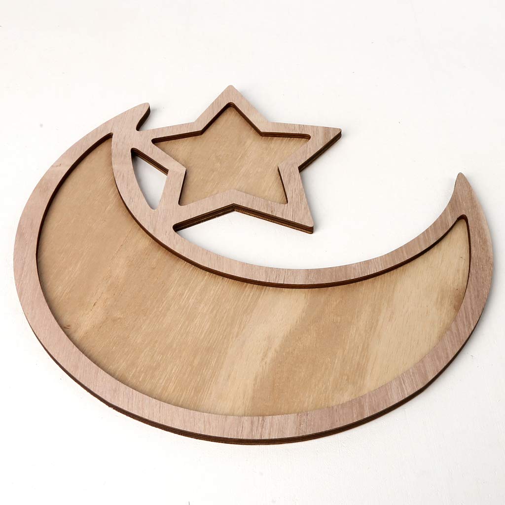 Jilin Rustic Wooden Crescent Moon Srar Eid Ramadan Party Food Serving Tableware Dessert Pastry Tray Display Holder Decor Ornament Eid Mubarak Balloon