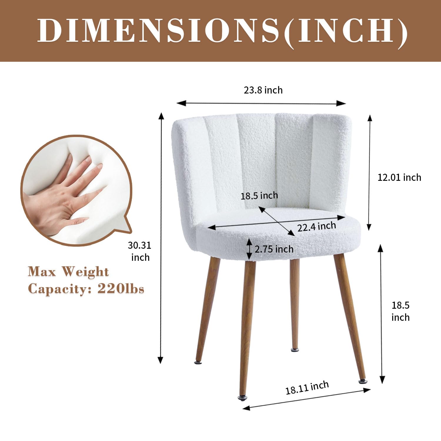 HAIZAO Modern White Boucle Dining Chairs Set of 4, Curved Backrest Upholstered Kitchen Dining Room Chairs, Mid-Century Dining Chair with Metal Legs