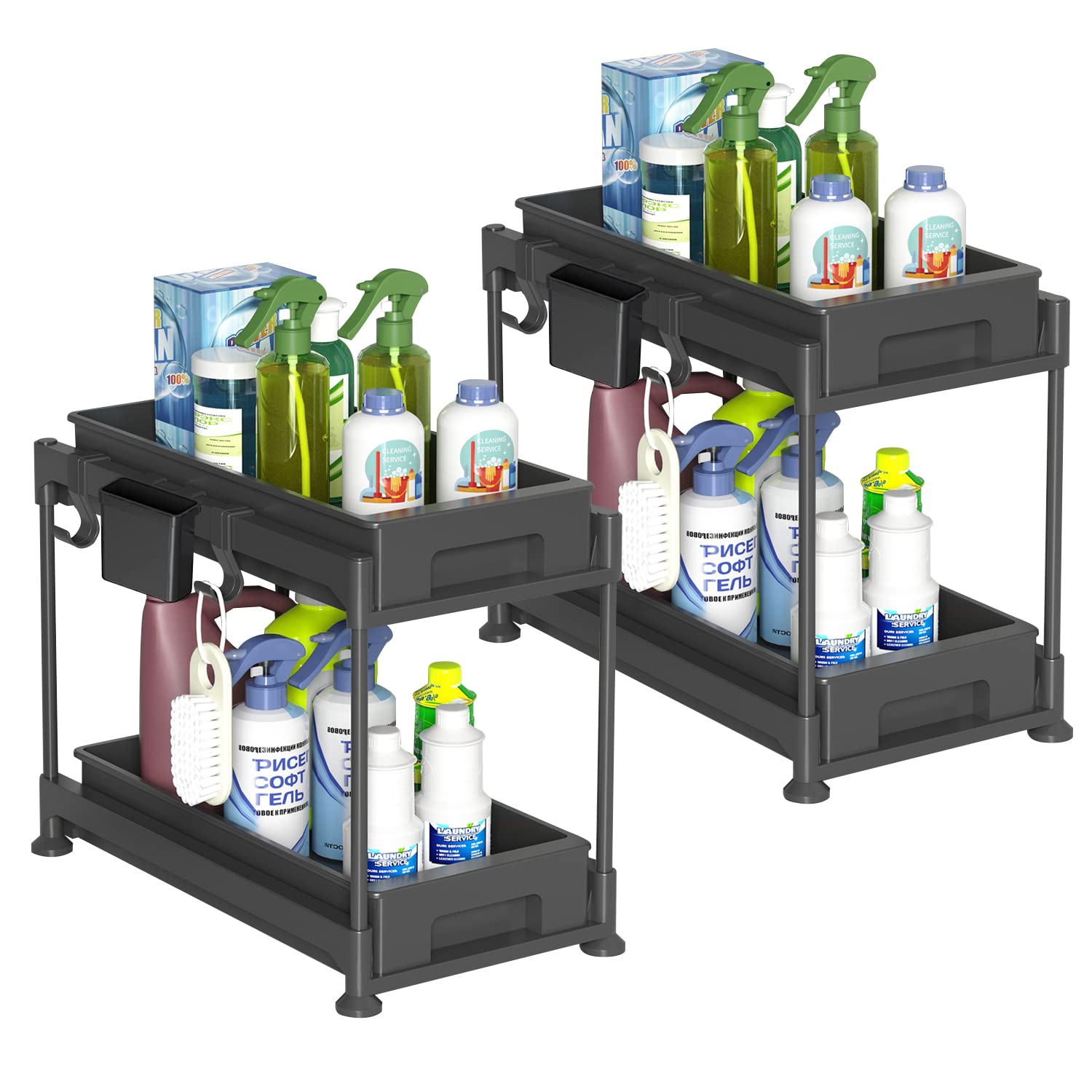 LBW 2 Packs Under Sink Organizer and Storage, 2 Tier Sliding Bathroom Cabinet Organizers Multi-Purpose Kitchen Organization and Storage,Drawer Pantry Organizer with Hooks,Black (Pack of 2)