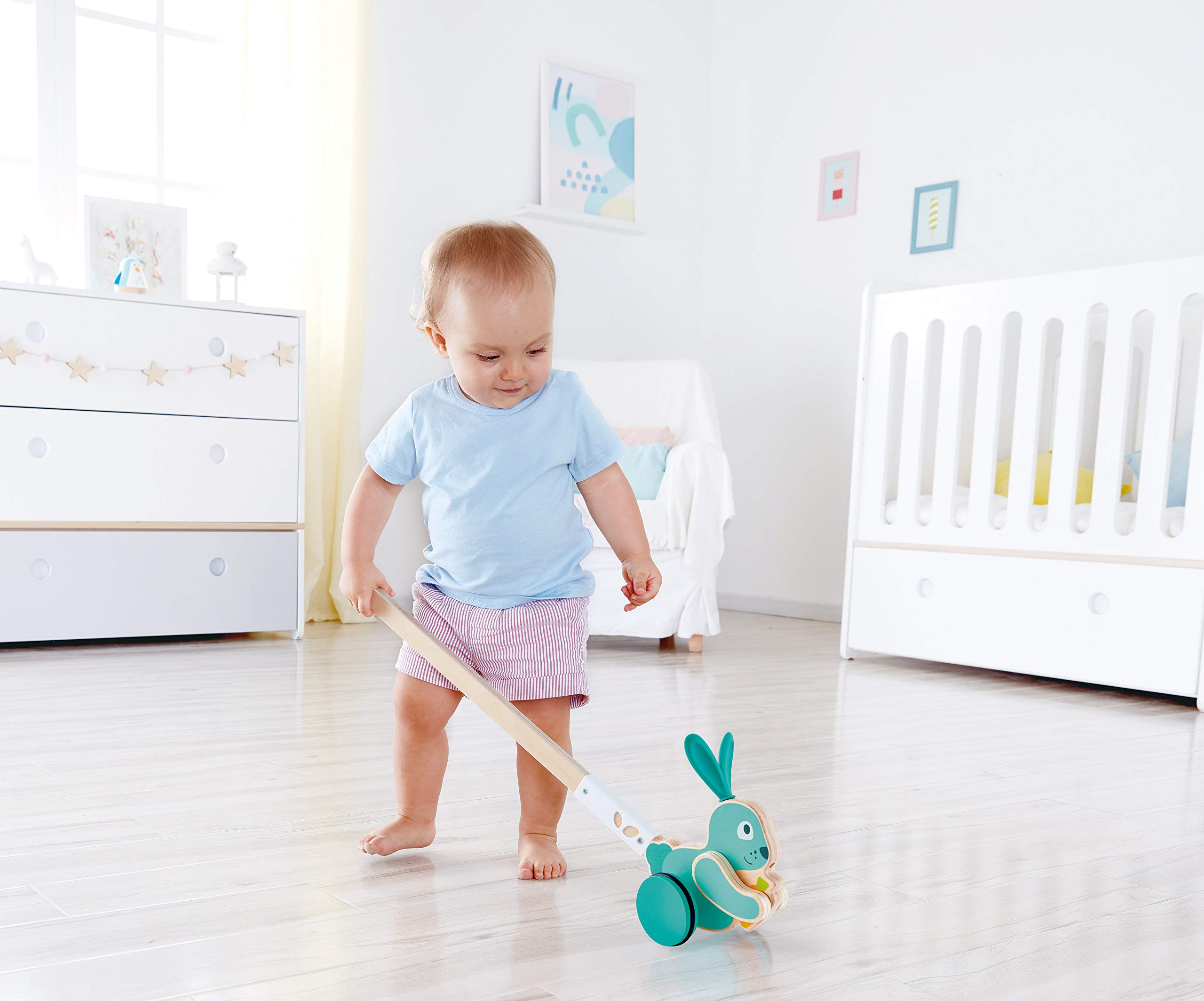 Hape Bunny Push Pal | Wooden Push-Along Bunny, Baby Walker Push Toy, Multicolor (E0358)