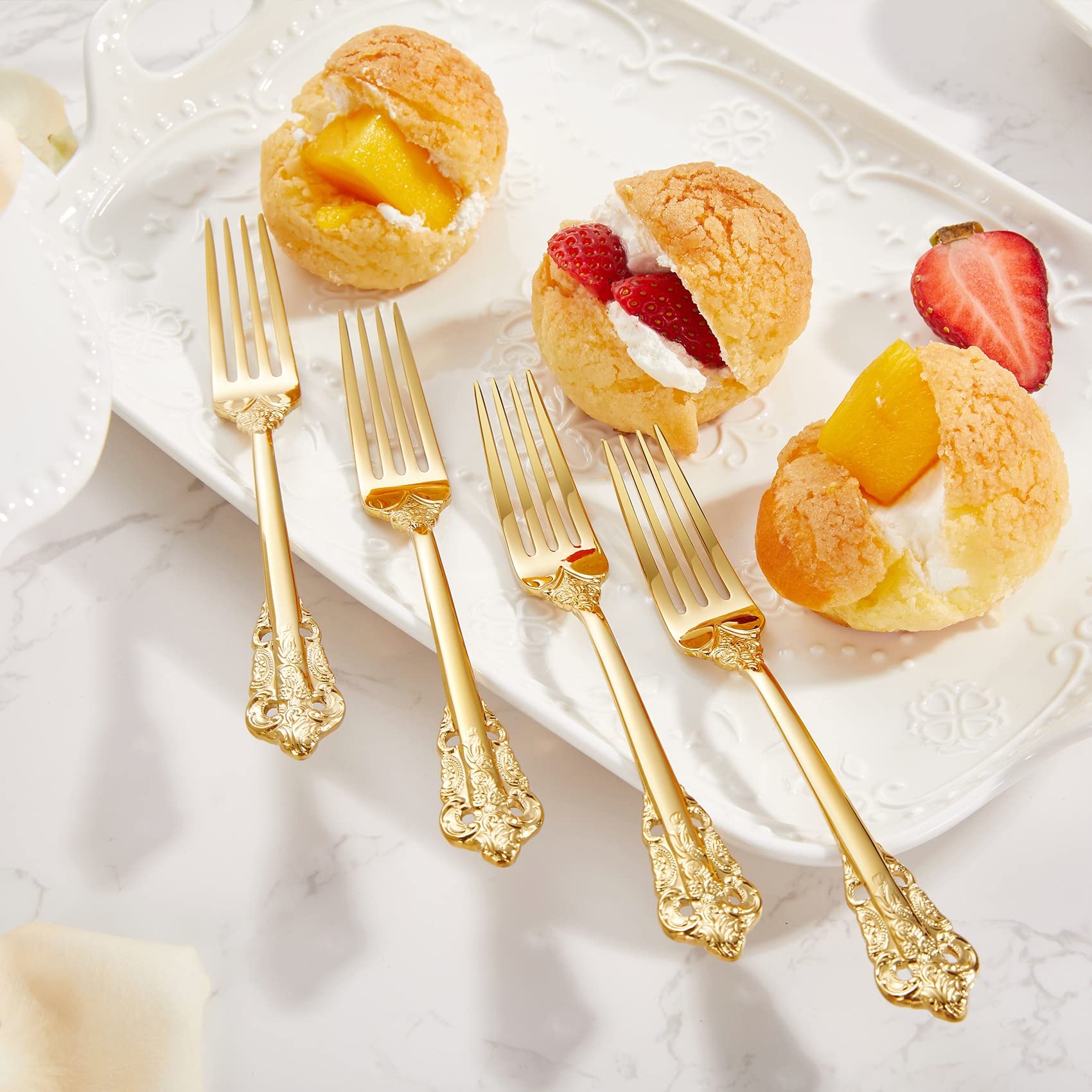 KEAWELL Luxury 5.9" Appetizer Forks, 18/10 Stainless Steel, Set of 4, Gorgeous Cocktail Forks/Dessert Forks (Gold)
