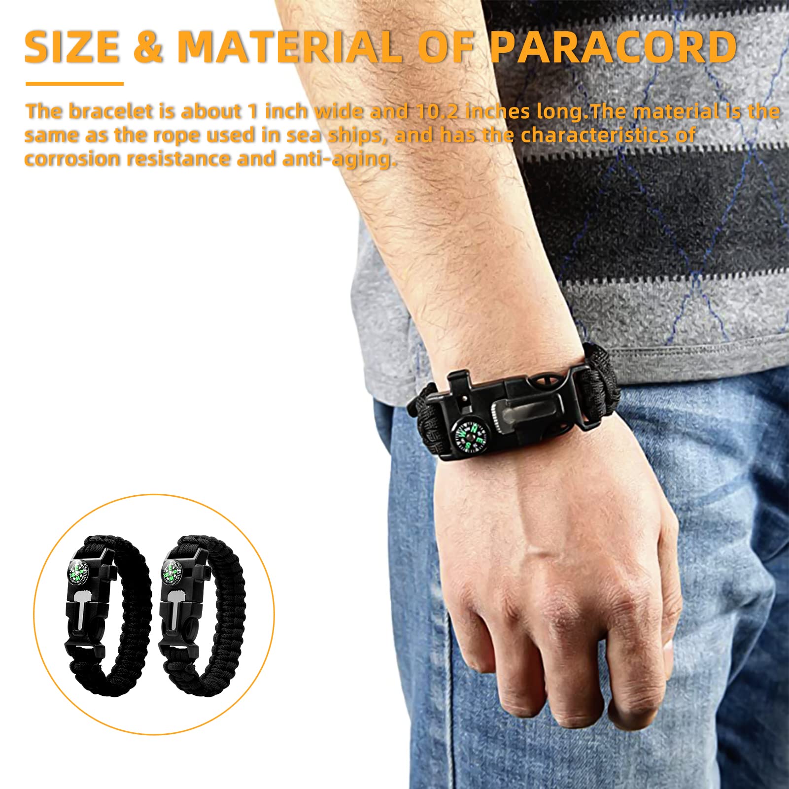 Jawflew Emergency Paracord Bracelets, Survival Bracelet with Embedded Compass Whistle Survival Fire Starter Scraper Accessories, Suit For Hiking, Camping, Fishing and Hunting (2PC, Black)