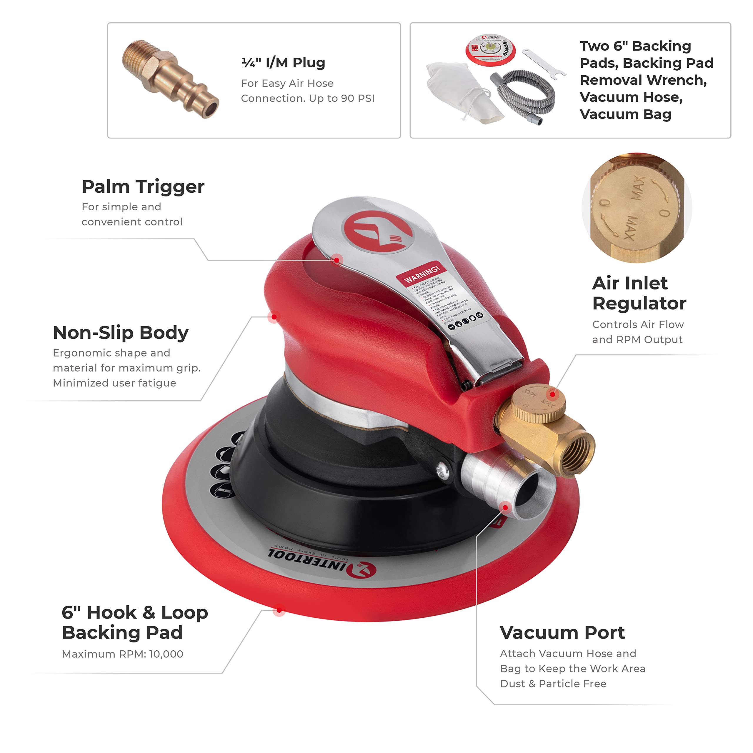 INTERTOOL Heavy Duty 6-inch Air Random Orbital Sander, Vacuum Ready, Pneumatic Palm Sander with Dual-Action, Swivel-Free Finish, Variable Speed for Automotive Body Shop, Woodworking, PT08-1007