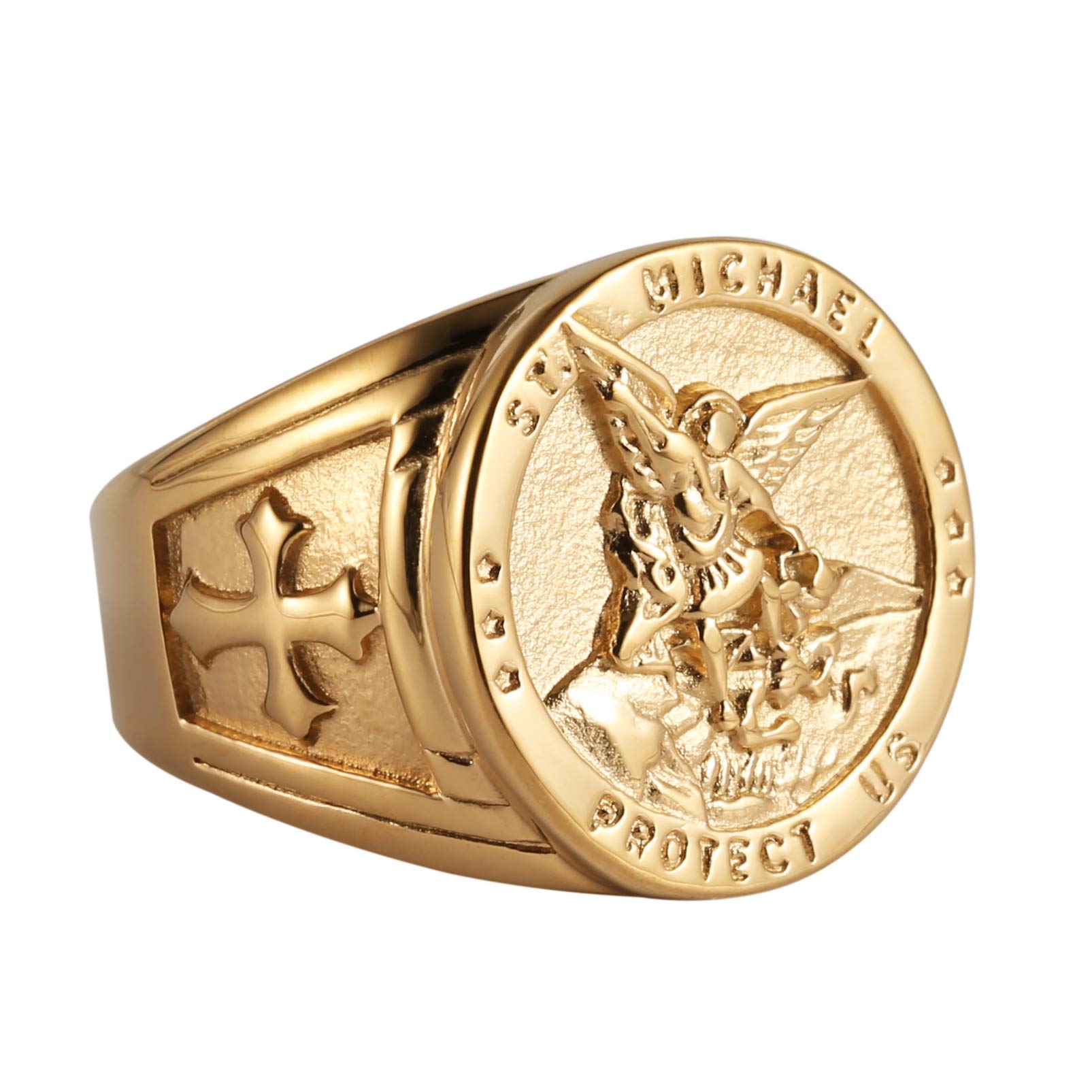 HZMAN St. Michael San Miguel The Great Protector Archangel Defeating Satan Figurine Stainless Steel Amulet Ring (Gold-A, 10)