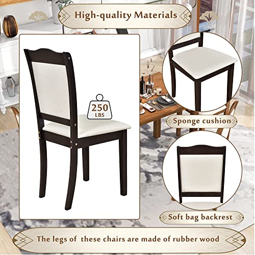 GLORHOME 5-Piece Mid-Century Wood Dining Table Set with 4 Upholstered Chairs for Family Kitchen Small Places, Espresso+White