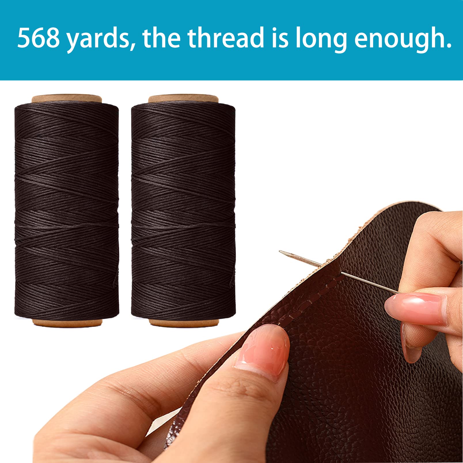 HILELIFE Waxed Thread, 568 Yards 2 PCS 150D 0.8mm Waxed Thread for Leather Sewing, Leather Thread for Hand Sewing, Leather Craft DIY, Wallets, Shoe Repairing, Book Binding (Brown)