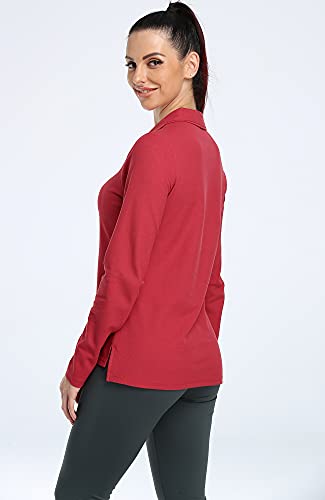 icyzone Golf Polo Shirts for Women, Tennis Long Sleeve Tops, Collared Athletic Workout T Shirts (Red, L)