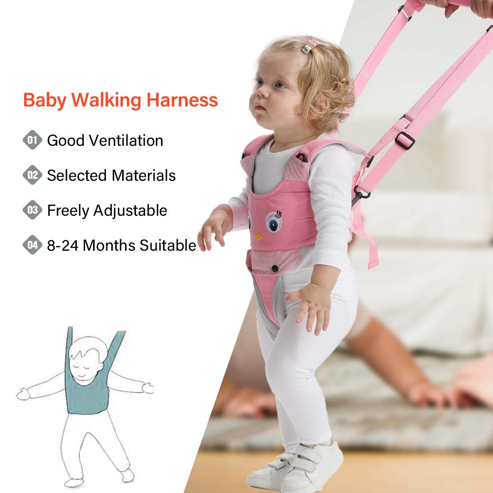 Handheld Baby Walking Harness for Kids, Adjustable Toddler Walking Assistant with Detachable Crotch, Safe Standing & Walk Learning Helper for 8+ Months Baby (Pink-Chick) (Grey-Puppy)