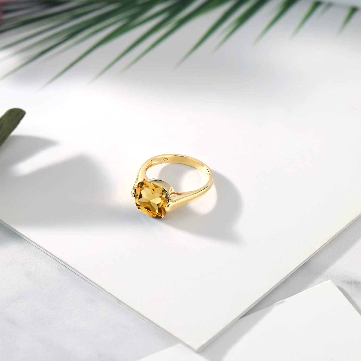 Gem Stone King 18K Yellow Gold Plated Silver Yellow Citrine Women's Ring 3.22 Ct Cushion Cut (Size 9)