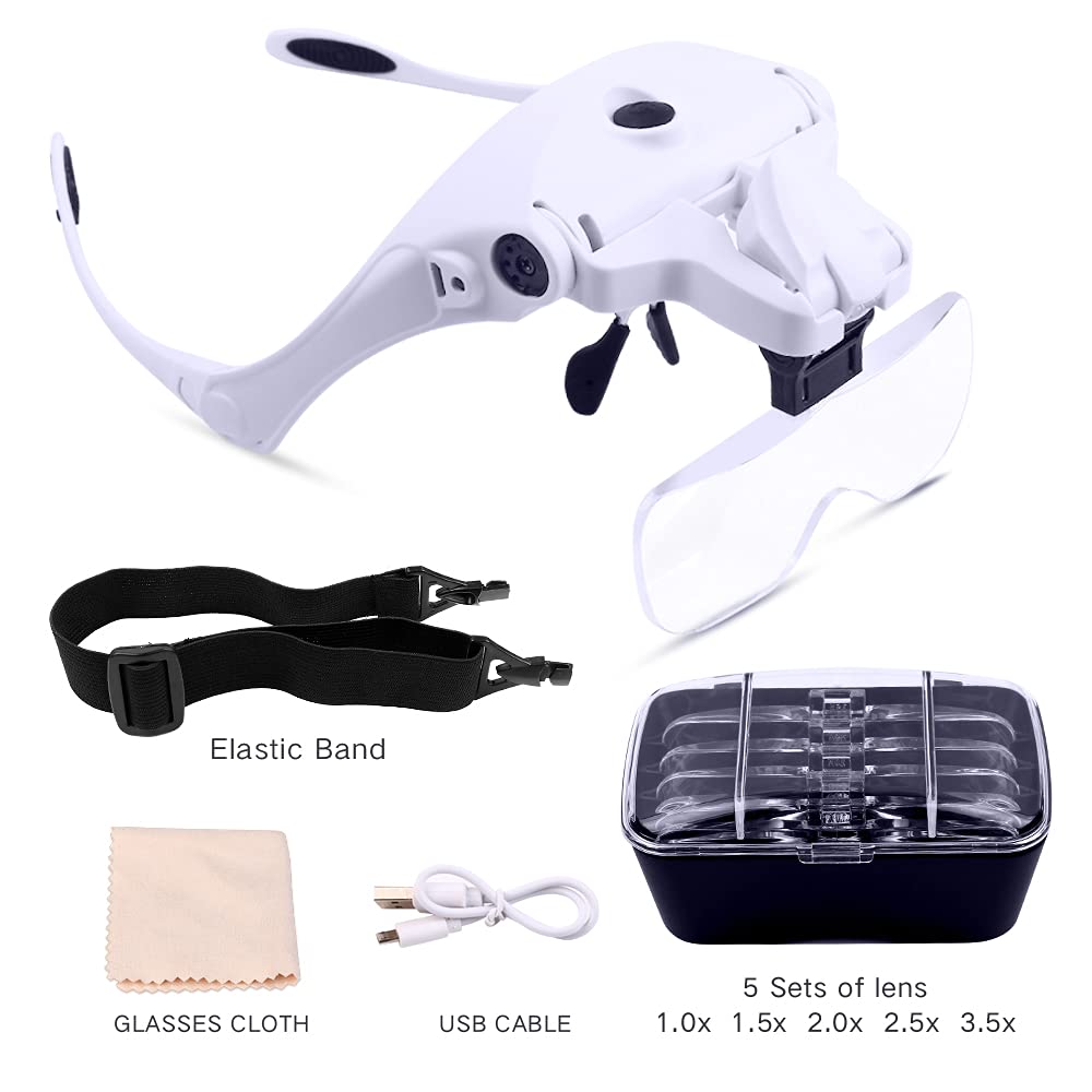 Head Mount Magnifier with Light, USB Charging Magnifying Glasses for Close Work, Hands Free Magnifying Glass for Reading, Jewelers Loupe 5 Lenses 1.0X 1.5X 2.0X 2.5X 3.5X